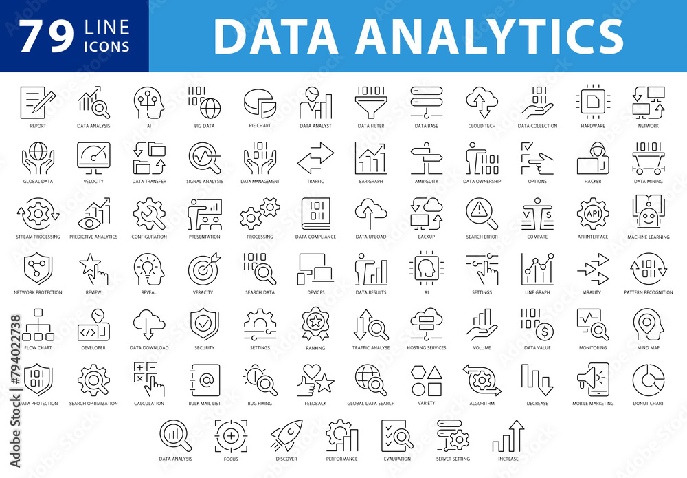 Data Analytics Black and White Outline Style Icons Set Stock Template ...