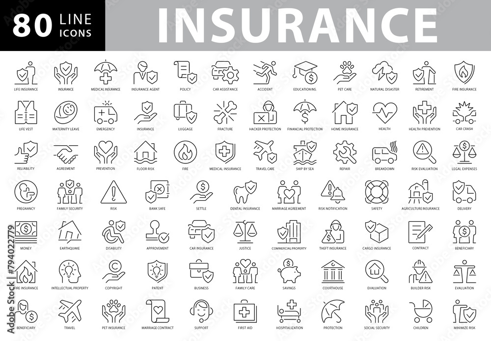 Insurance Black and White Outline Style Icons Set Stock Template ...