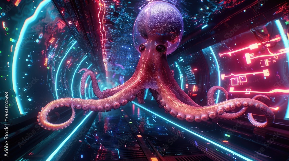 Giant Squid Commanding the Bioluminescent Underwater Tunnel in a ...