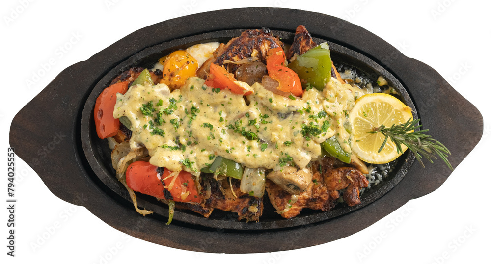 Chicken sizzler with Honey glazed chicken, mixed veg, cream cheese ...