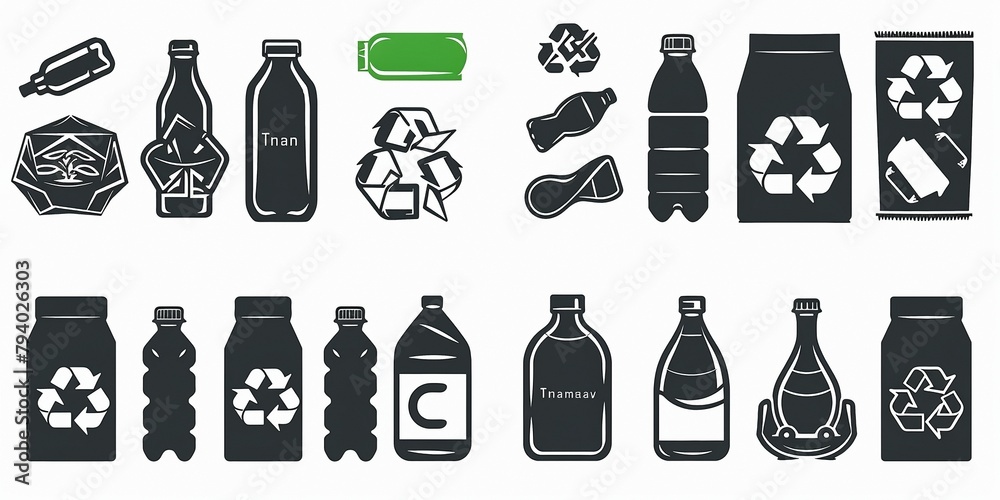 Packaging icons, Recycling symbols, standard signs, certification mark ...