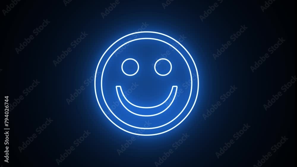 Glowing blue neon smile face emoticon symbol blinking animation. Happy ...