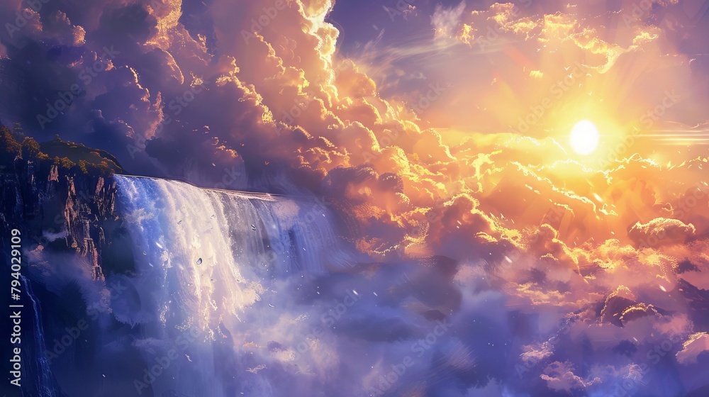 divine creation majestic waterfall and sun in the sky landscape ...