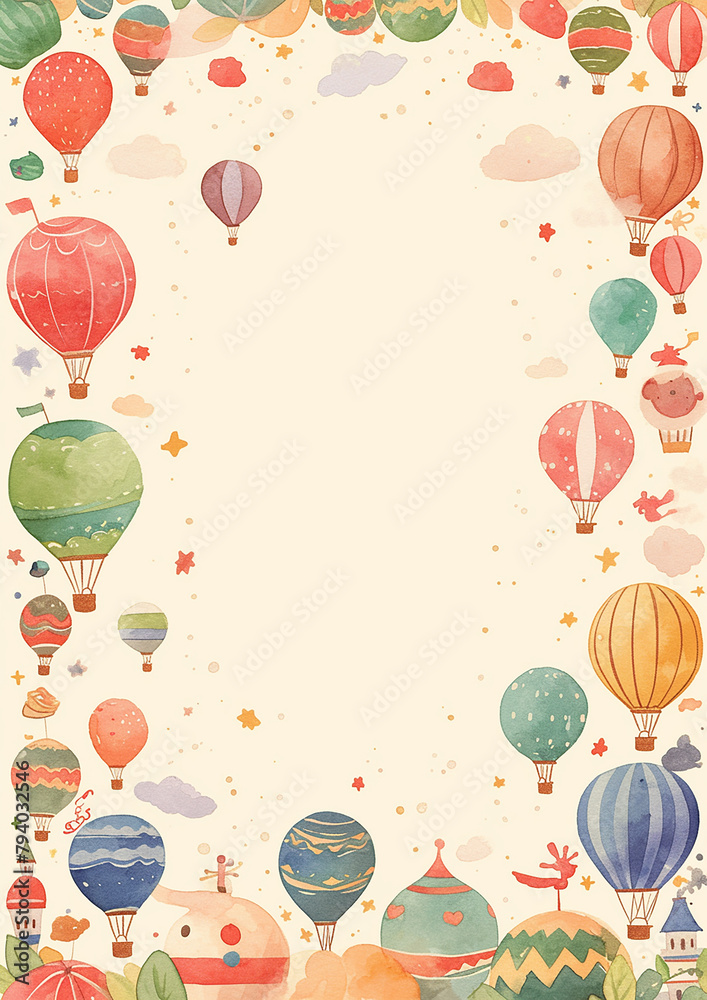Children's frame border drawing of many hot air balloons with a white ...