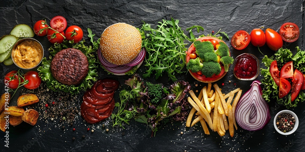 ast food dish and health food on black stone background. Take away ...