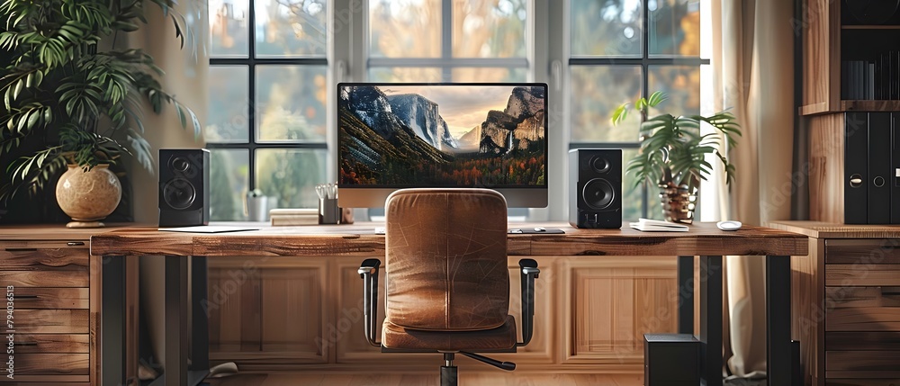 Efficient home office setup with tidy desk ergonomic chair and filing ...