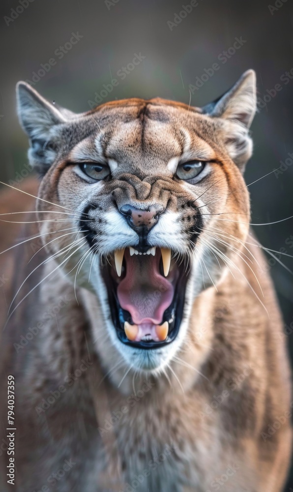 Puma growls or yawns, showing her ferocity and strength in the wild ...