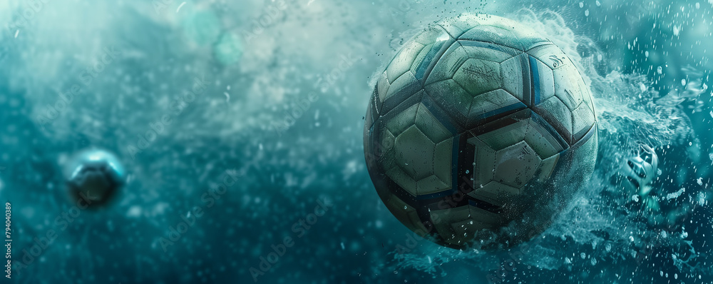 Dramatic shot of a football soaring through the air, frozen in motion ...
