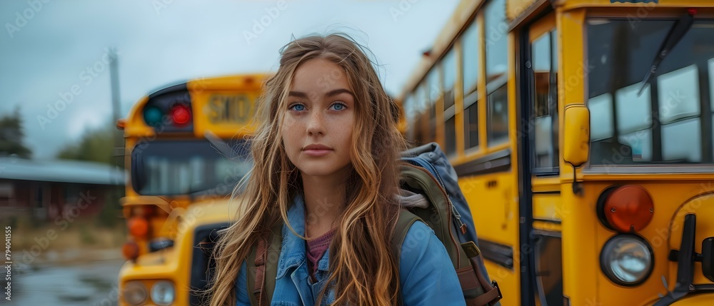 Girl standing in front of yellow school bus with backpack. Concept Back ...