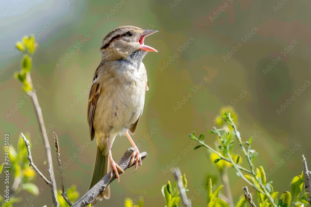 Two birds perch on a post in a flower-filled field Sunlight filters ...