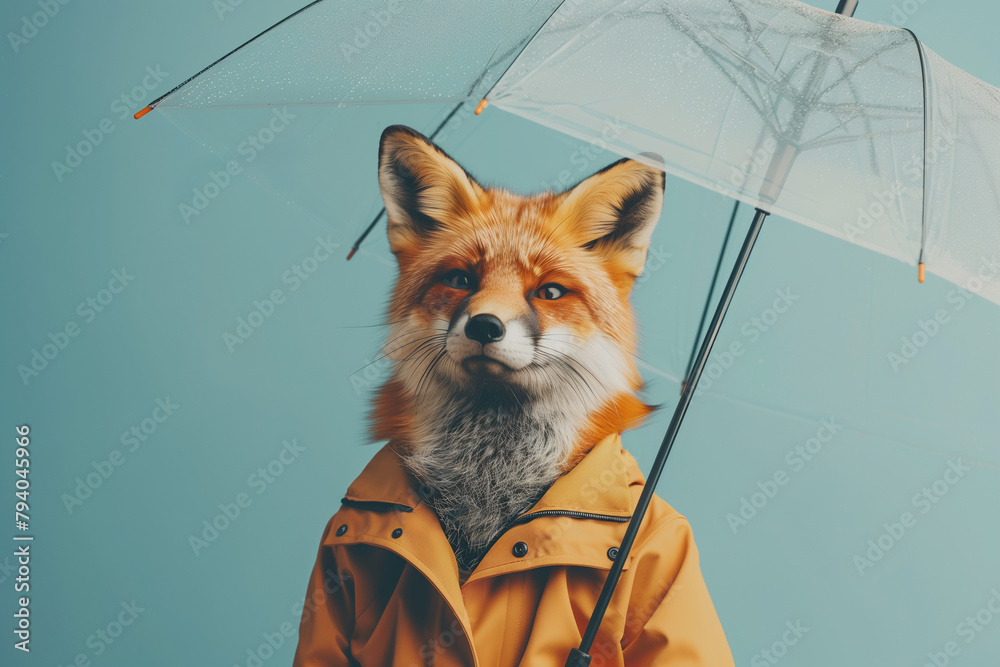 Stylish fox in a vibrant yellow raincoat, stands beneath an open ...