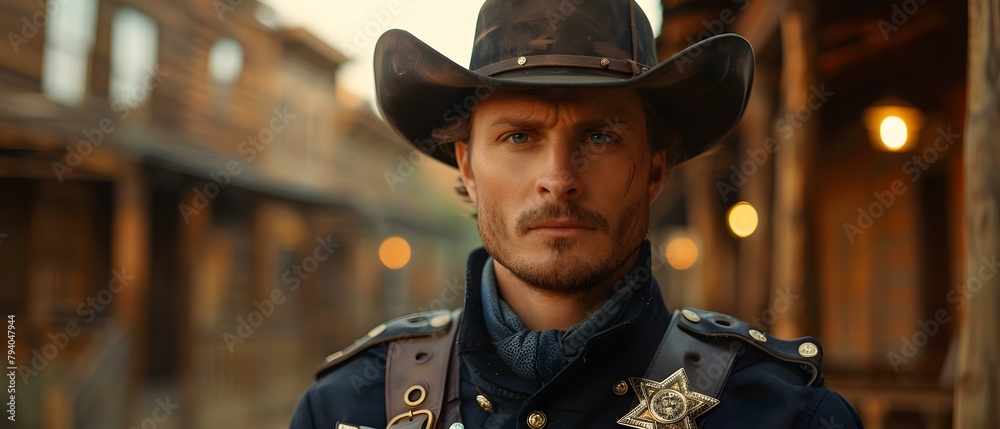 Sheriff in western town street wearing uniform background wooden houses ...