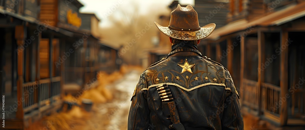 Sheriff in Western town street wearing uniform with wooden houses in ...