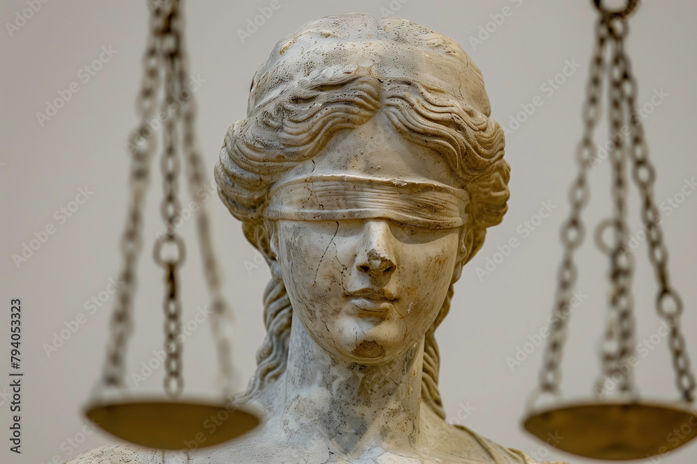 close-up of the Lady Justice statue's serene expression, conveying the ...