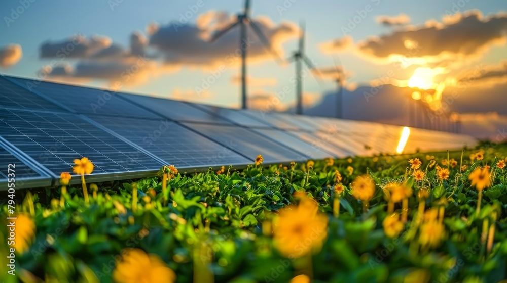 Renewable green energy is produced by photovoltaic cells and wind ...