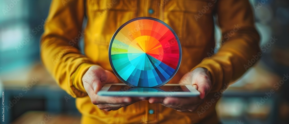 Business technology concept with hand holding tablet displaying pie ...