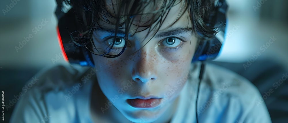 Teen boy playing video game with headphones showing signs of gaming ...