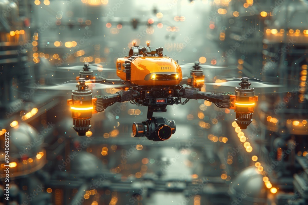 A futuristic construction site using drones and robots for assembling a ...