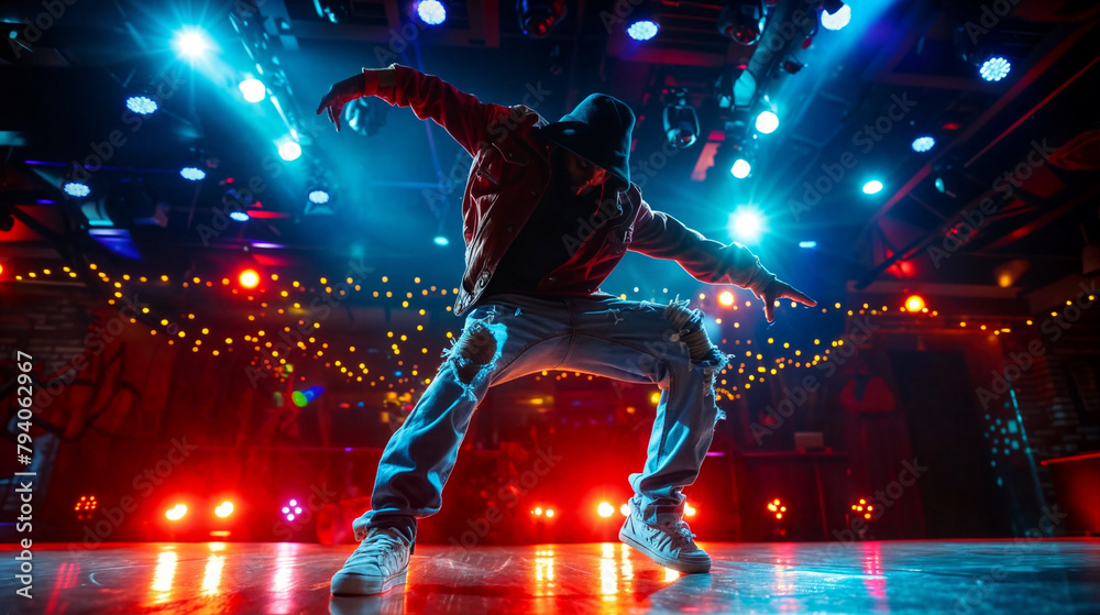Hip Hop dancer dancing on a stage in neon colors. The young man is ...