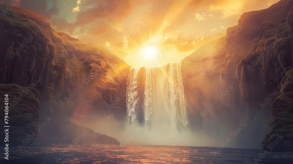 majestic waterfall landscape with sun in sky heavenly light bible verse ...