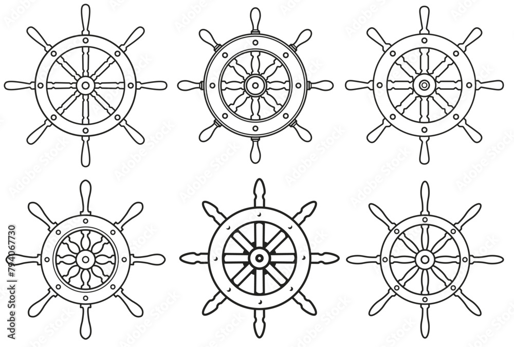 Collection of detailed ship helms depicting various styles of classic ...