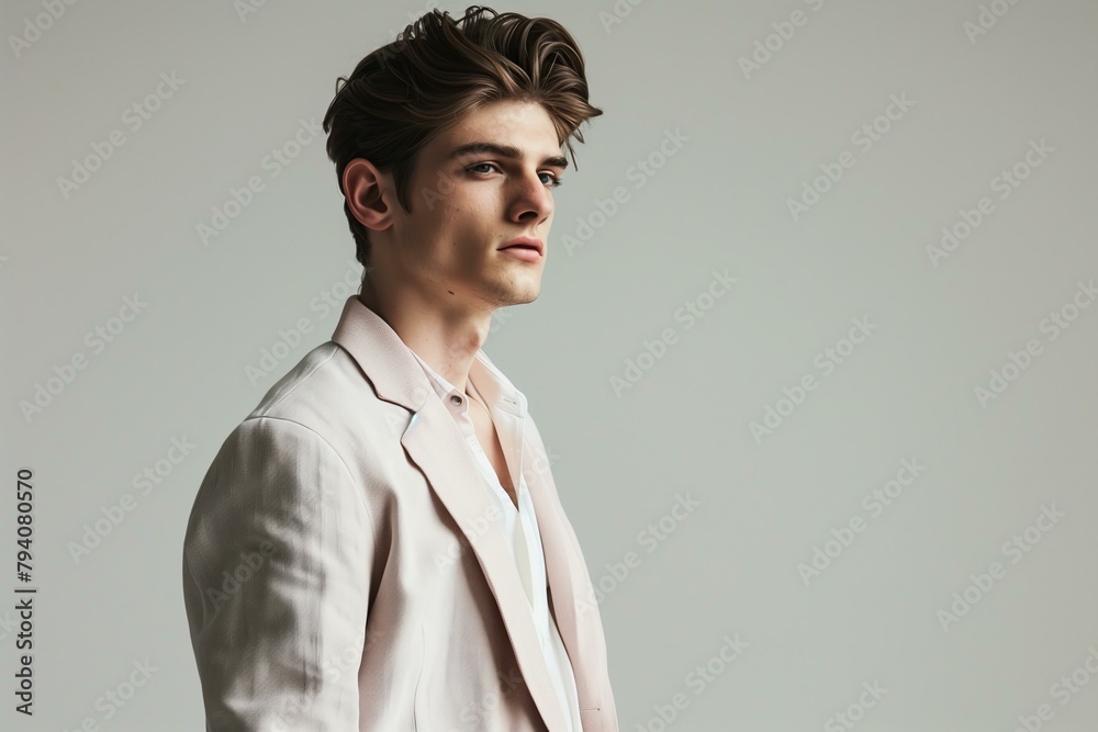 Young man in a casual chic outfit featuring a pastel linen blazer ...