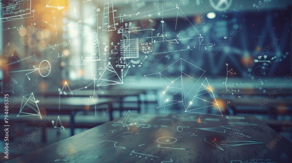 Visualization of a math class with geometric shapes and formulas ...