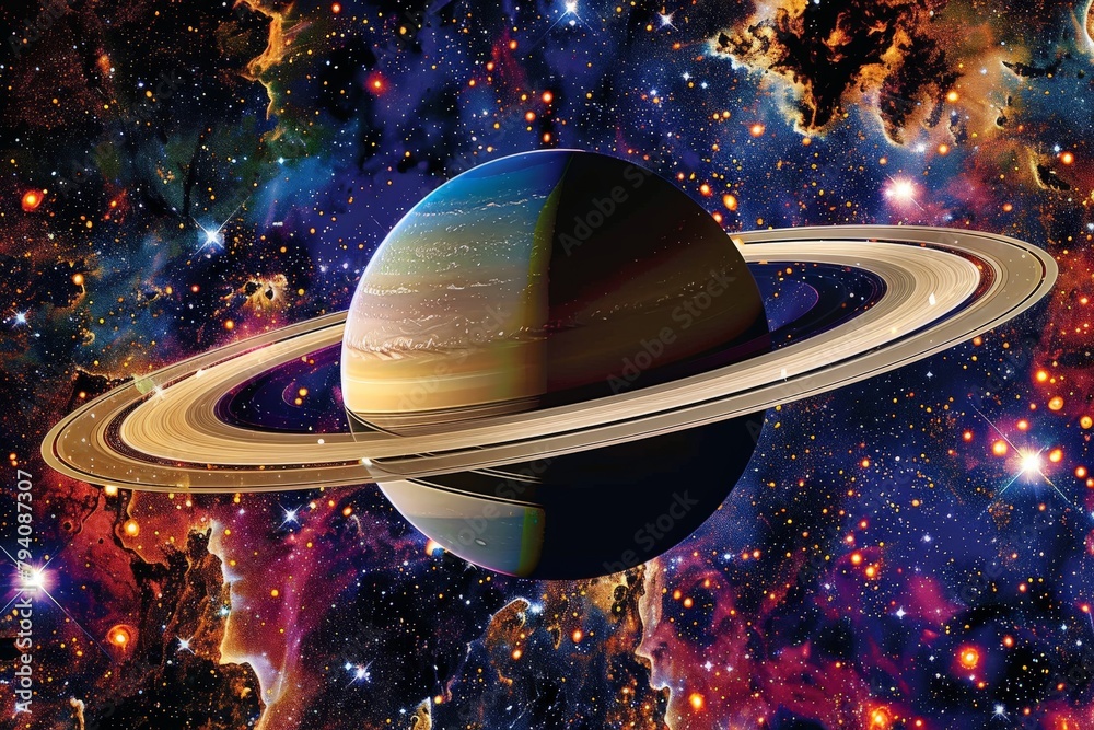 Saturn-like planet with it satellite on the dark sky. Beautiful simple ...