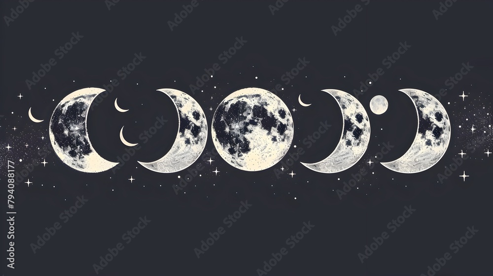 Moon Phase Sequence: A Detailed Line Drawing Guide for Astronomy ...