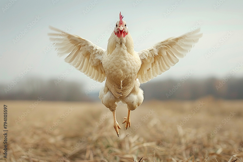Silly chicken jumping with wings spread wide, freeze frame action shot ...