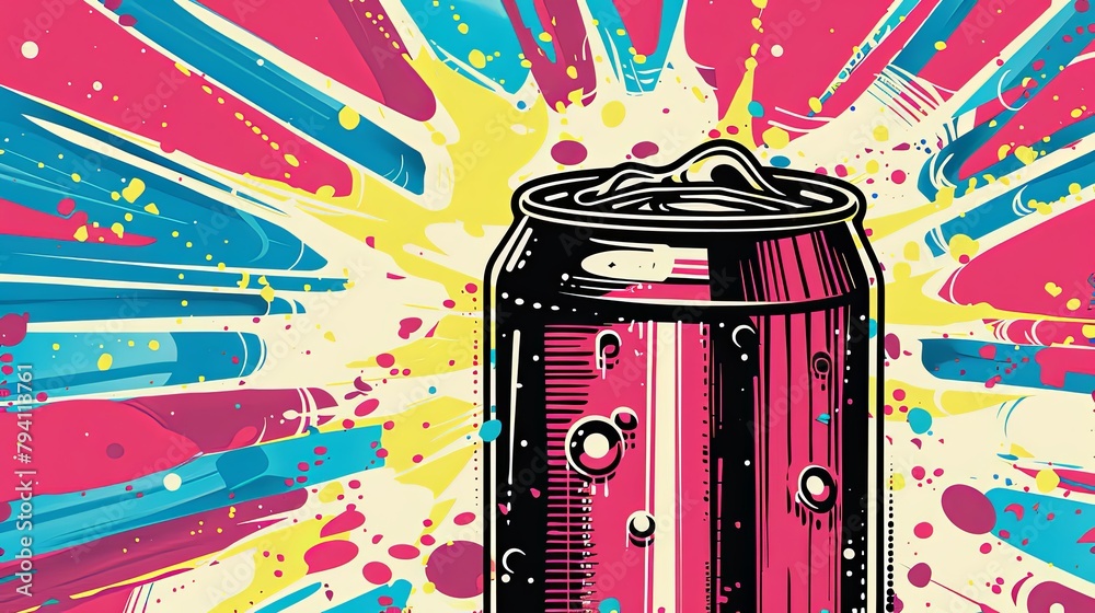 Pop Art Sparkling Water: Retro Can Illustration in Vibrant Colors Stock ...