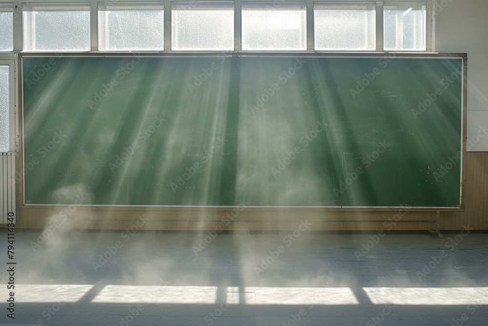 b'rays of light shining through classroom windows onto empty green ...