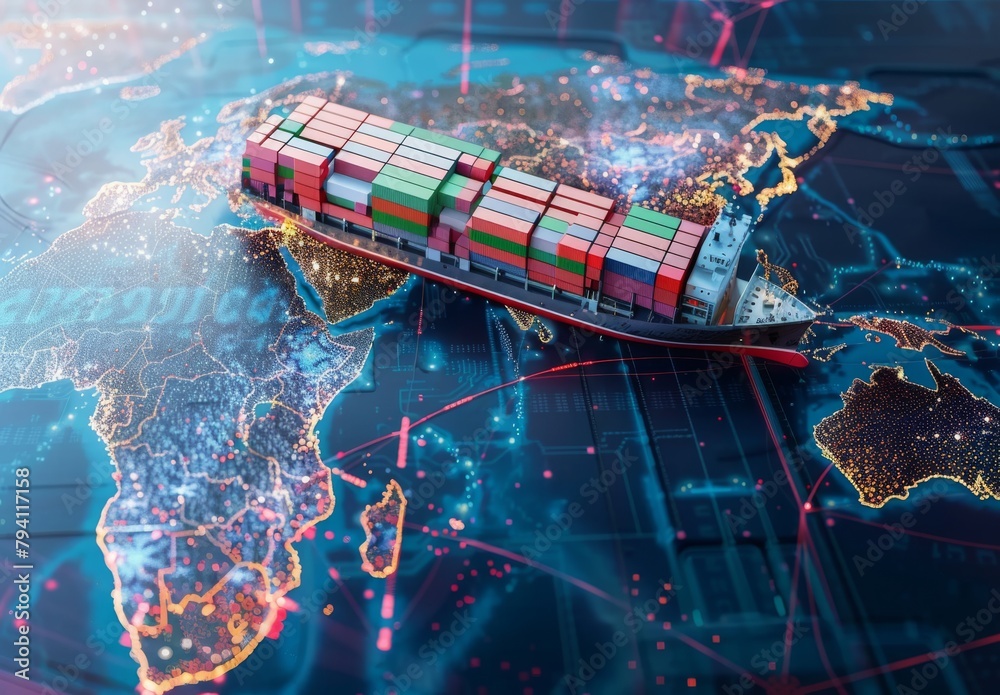 Container ship facilitates global logistics, import/export, freight ...