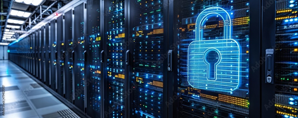A dramatic image of a digital lock superimposed on a server rack in a ...