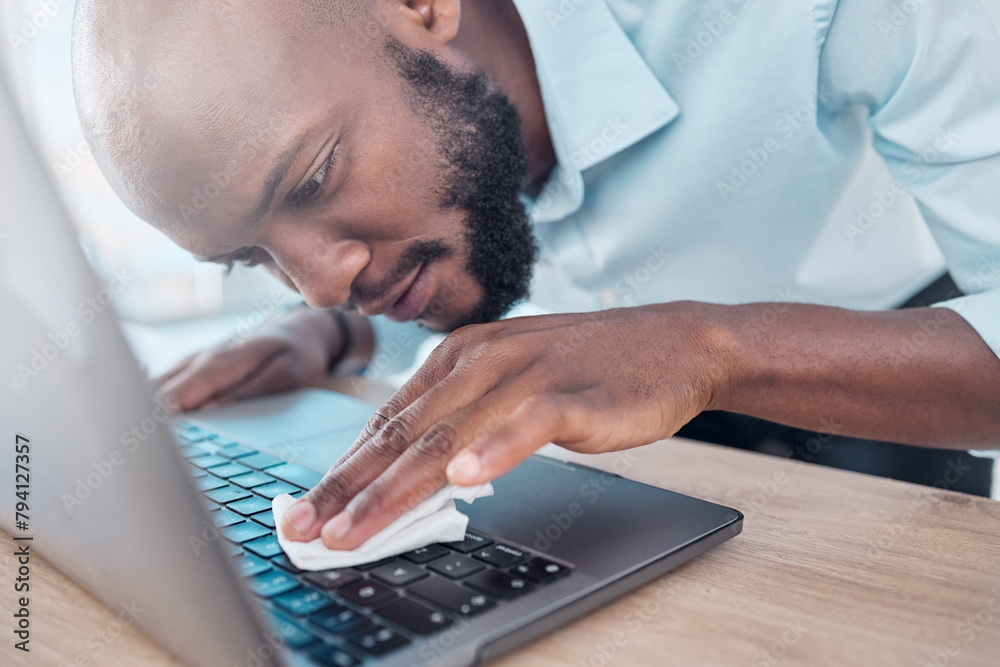 Cleaning, business and man with laptop, desk and cloth for dirt ...