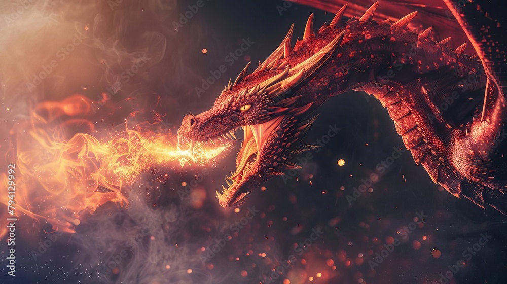 fierce red dragon breathing fire mythological creature in dark fantasy ...