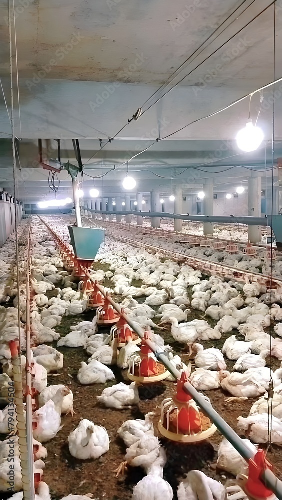Broiler chickens meat birds flock in a control shed poultry farm stock ...