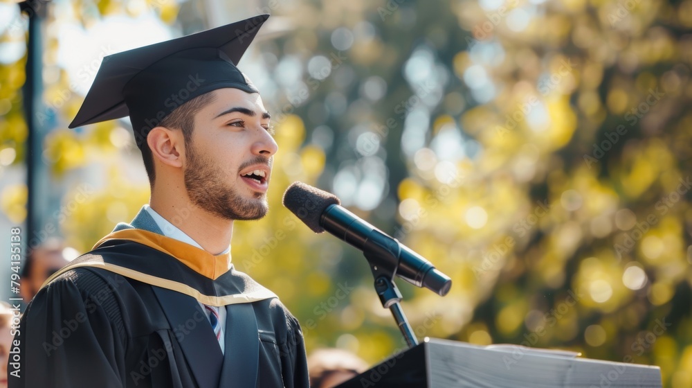 Valedictorian young man giving a graduation speech to other graduated ...