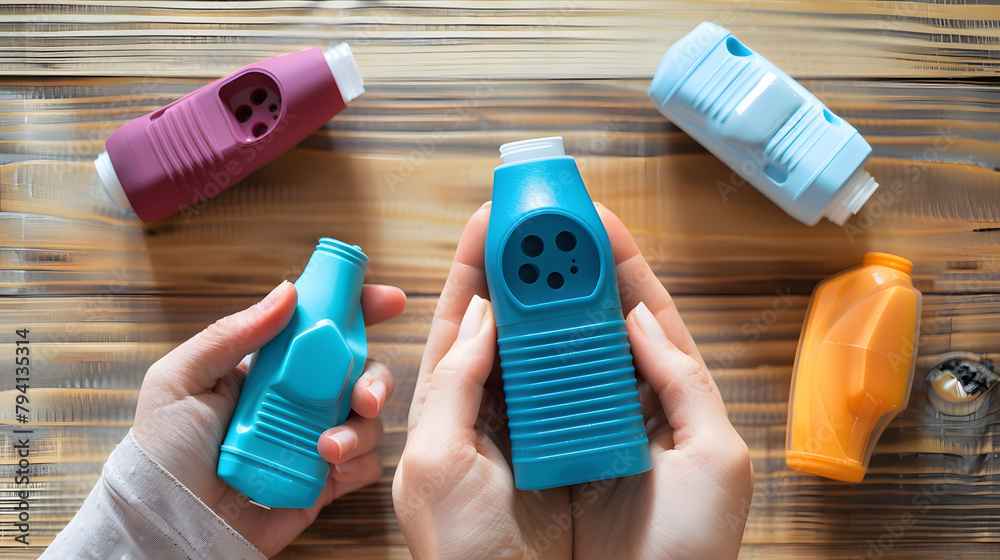 Patient's hands holding blue asthma inhaler with set of asthma/COPD ...