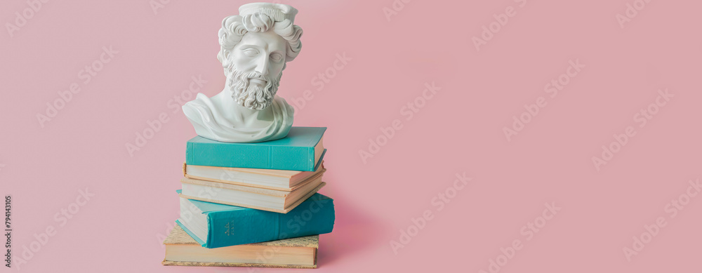 Graduation party invitation banner. White head bust of David wearing a ...