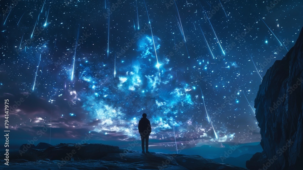 A man standing on a cliffside at night, looking up at a meteor shower ...