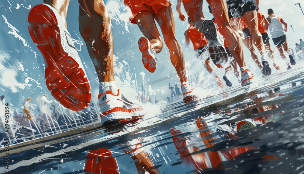 Front view of the legs of marathon runners. The image captures the ...