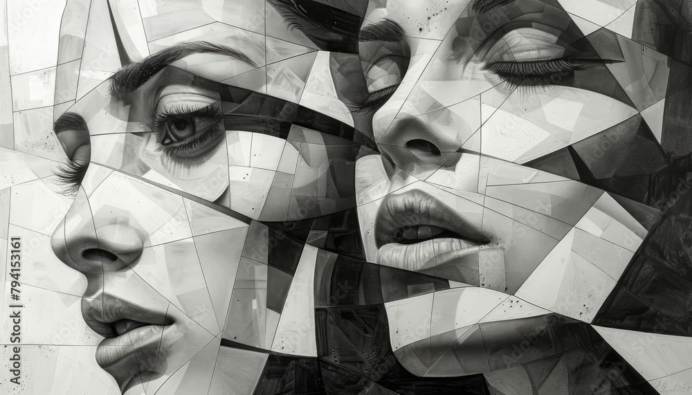 Cubist style collage of two faces cut and glued together. Abstract and ...