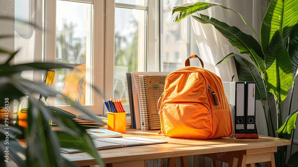 bright and organized school setup with an orange backpack and essential ...