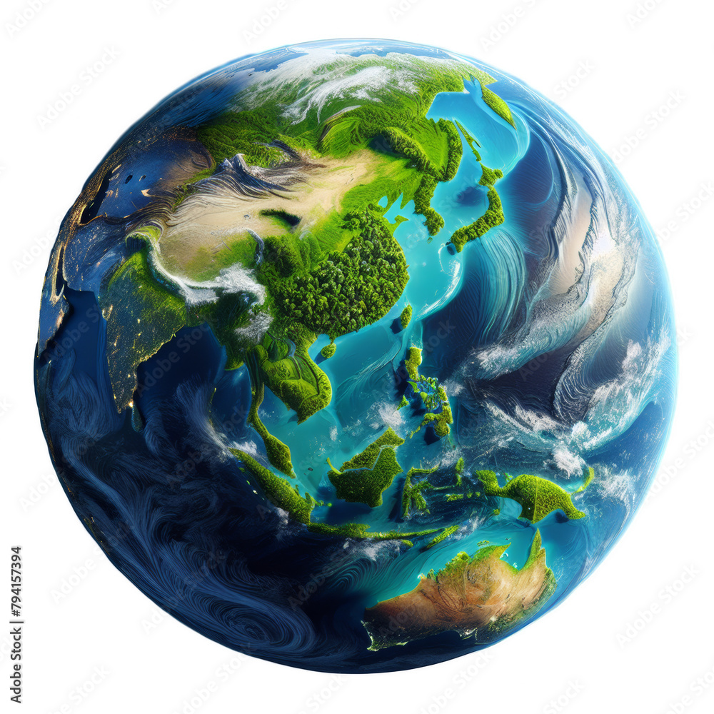 Planet earth centred on Oceania. Blue and green globe isolated on ...