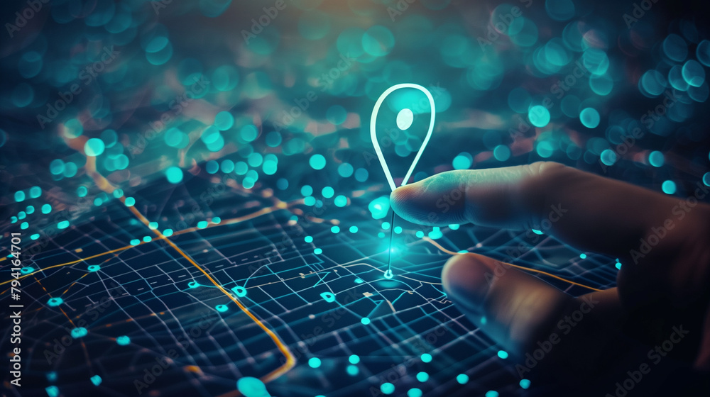 digital pin that is placed by hand on a digital map, location system ...