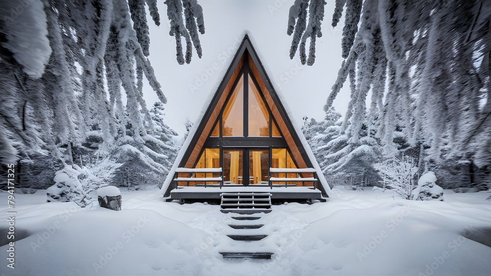modern, triangular-shaped cabin nestled amidst a pristine, snowy forest ...