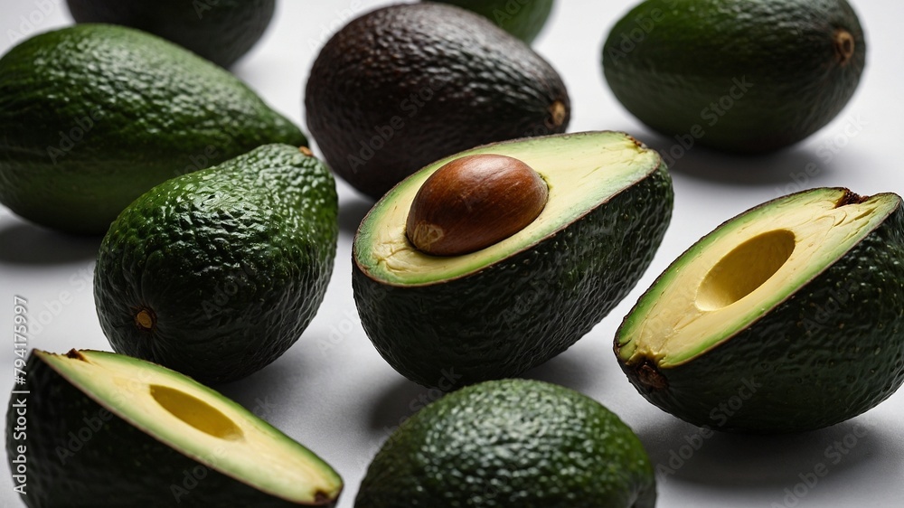Collection of avocados displayed, with one fruit halved to reveal seed ...