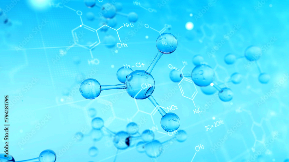 3D model of molecule or atom nano on chemistry formular background ...