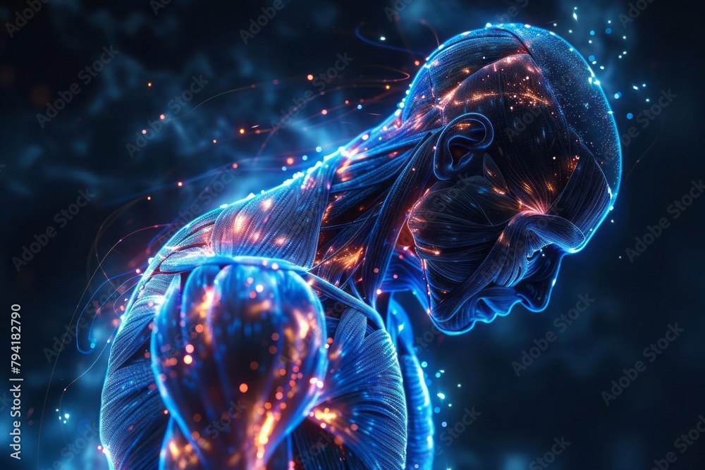 Muscle strain visual, tense fibers with electric blue sparks, pain ...